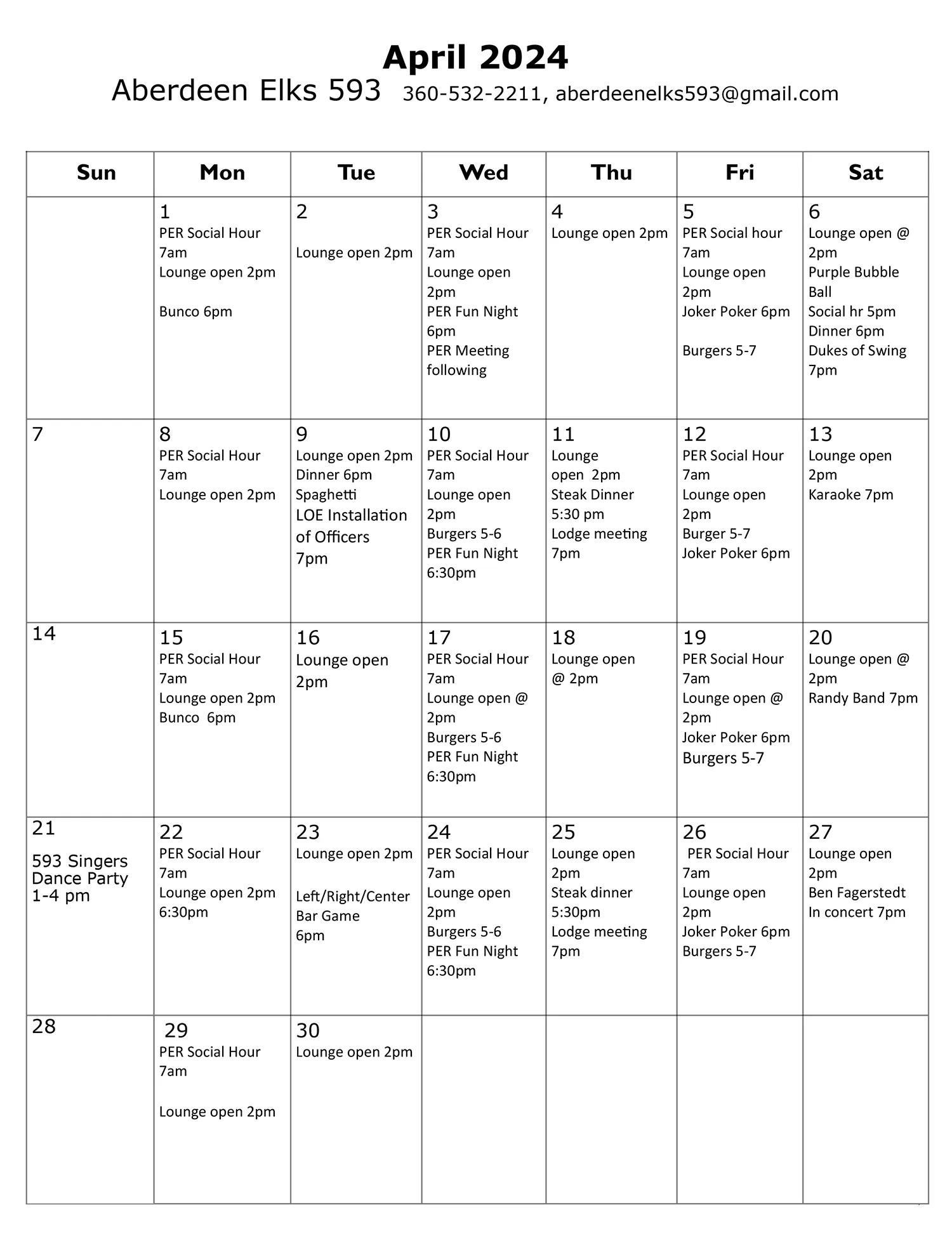 The Calendar - Aberdeen WA Elks #593