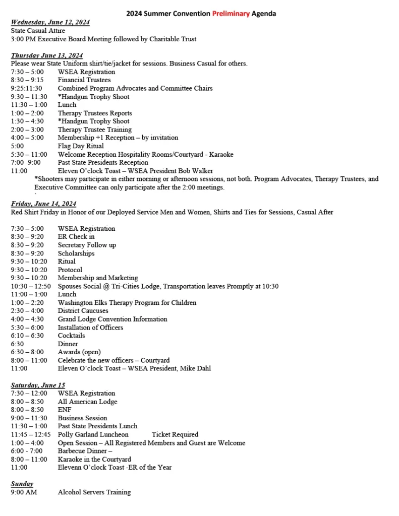 2024 WSEA Summer Convention – Pasco WA – Aberdeen WA Elks #593